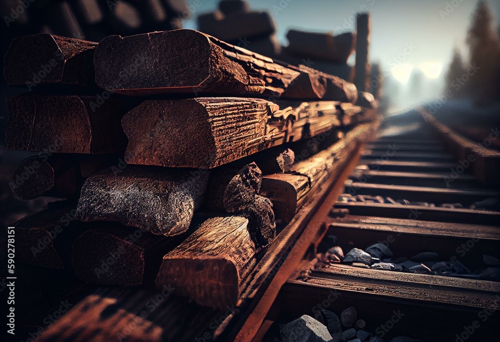 Stacked brown railroad ties adjacent to operational railway tracks ...