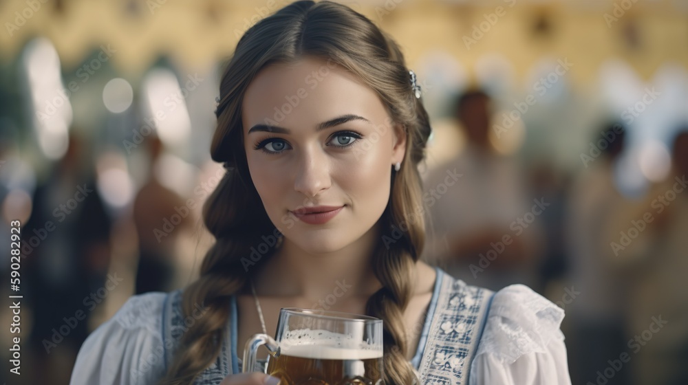 Beautiful girl with long hair at the Oktoberfest with a measure of beer ...
