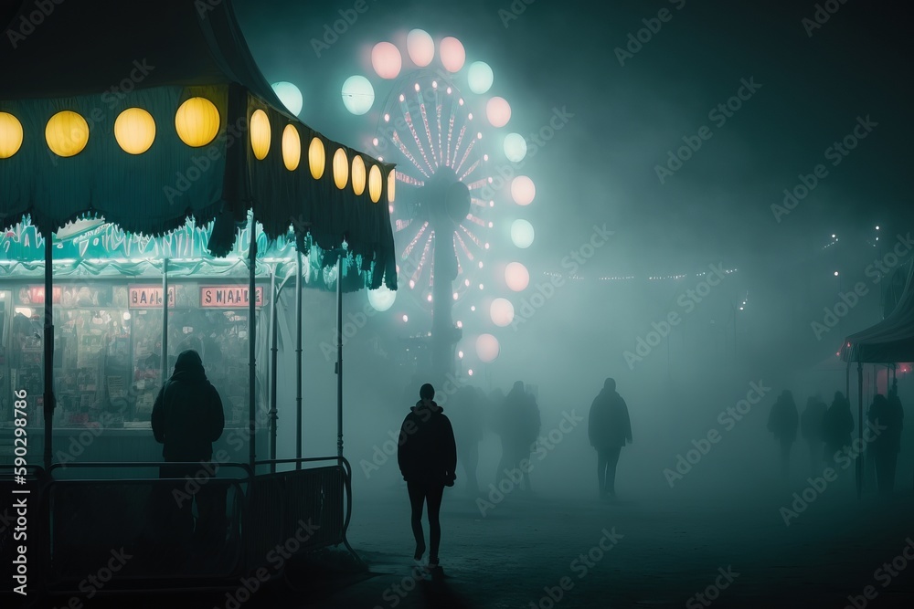 An eerie carnival setting with a thick mist, highlighting the vibrant ...