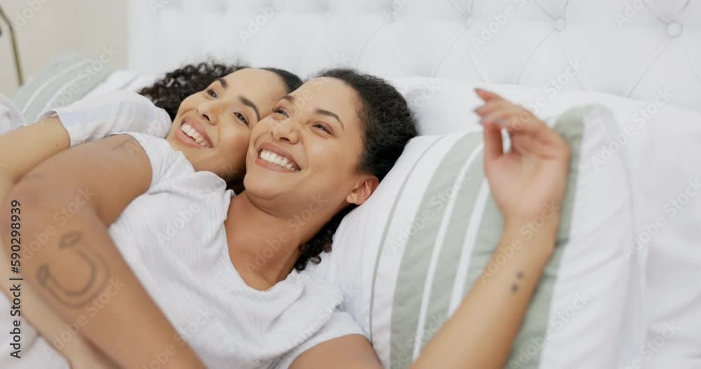 Love, relax and a couple in bed, bonding in the morning while cuddling ...