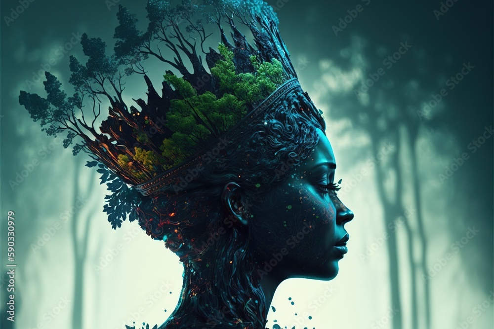 Majestic queen of the forest profile double exposure with natural ...