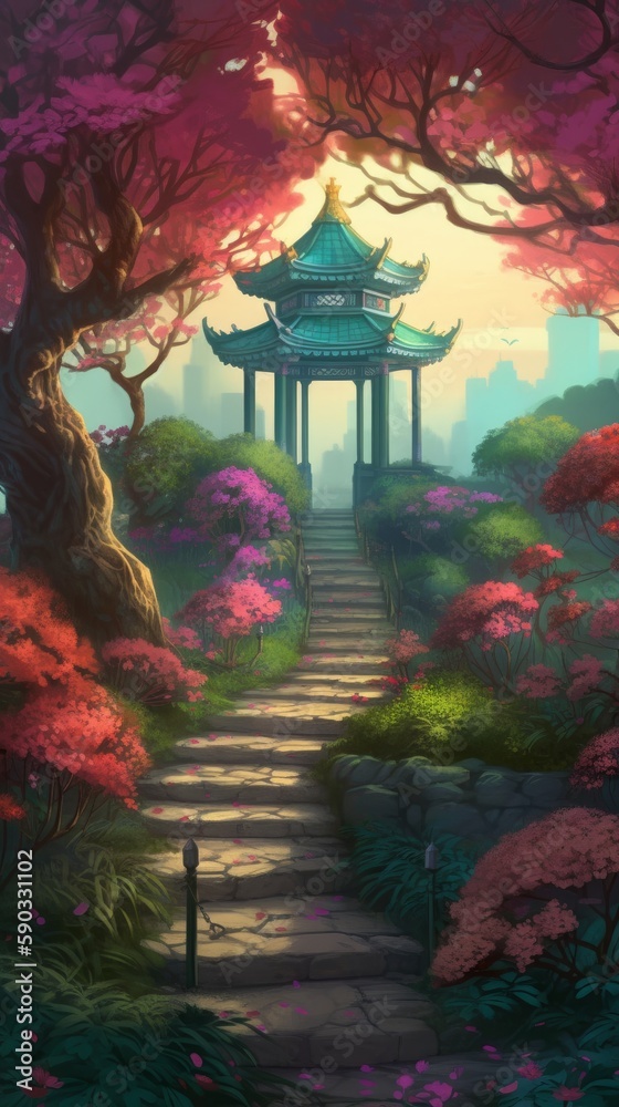 Surreal Disney-inspired illustrated anime garden path leads to quaint ...