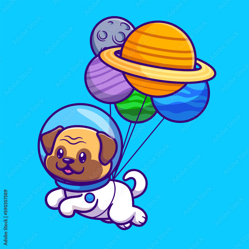 Cute Pug Dog Astronaut Floating With Planet Balloon Cartoon Vector Icon ...