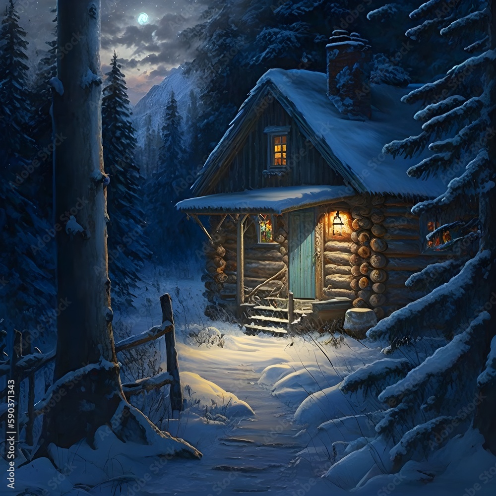 A Log Cabin With An Open Door A Light Is Coming Out The Door It Snowy