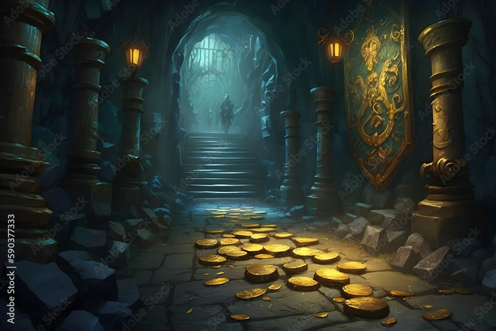 Old dungeon corridor with gold coins and treasures on the stone floor ...