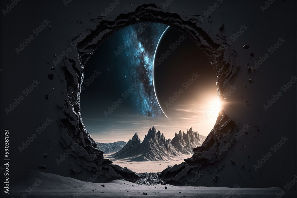 Spaceman travel through the space with mysterious sci-fi fantasy portal ...