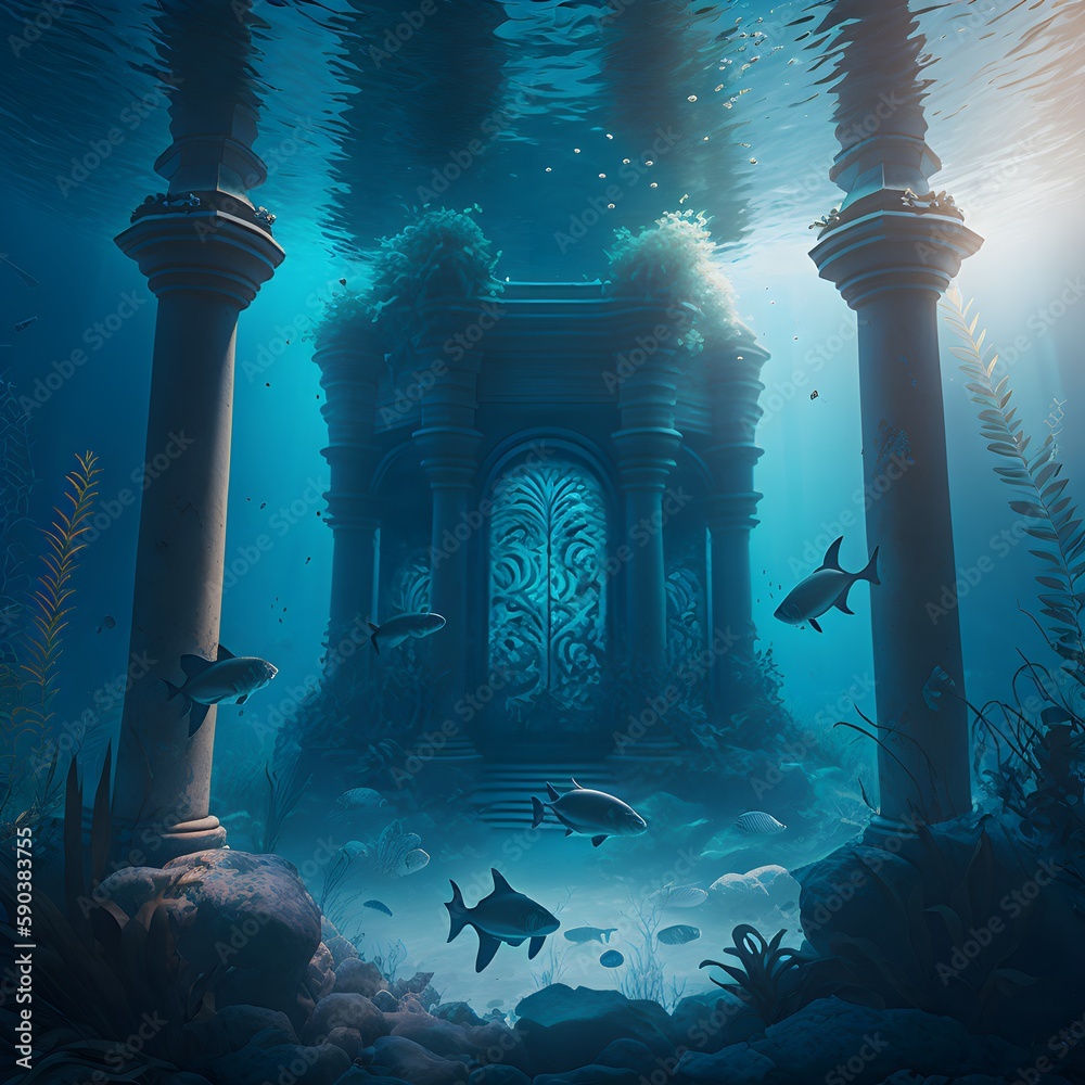 the forgotten temples under the ocean with sea creatures plants light ...