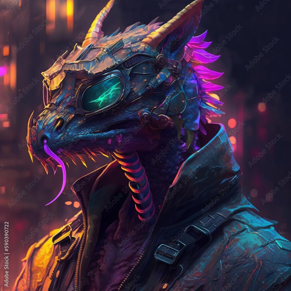 a day glo art colored cyberpunk dragon created with Generative AI ...