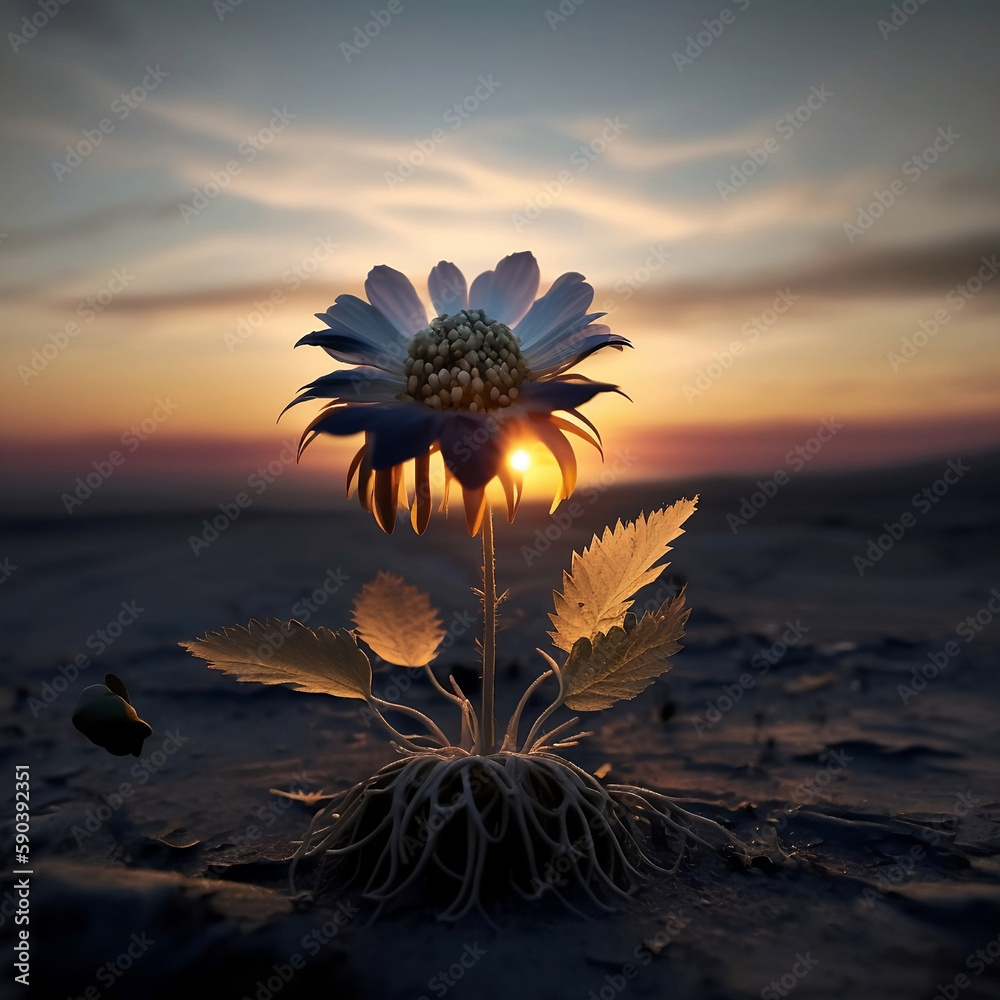 An illustration of single flower growth in sunset background. Realistic ...