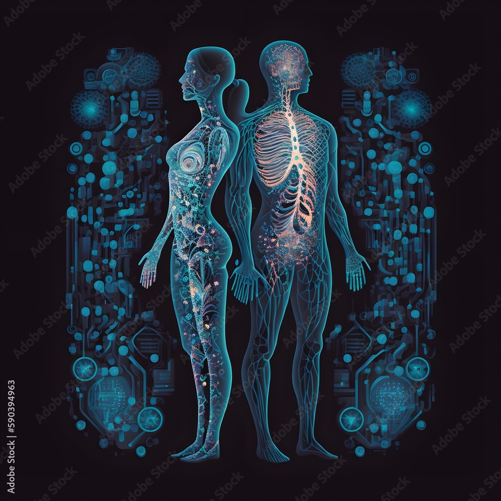 The human body physiology illustrated with a women and a man backtoback ...