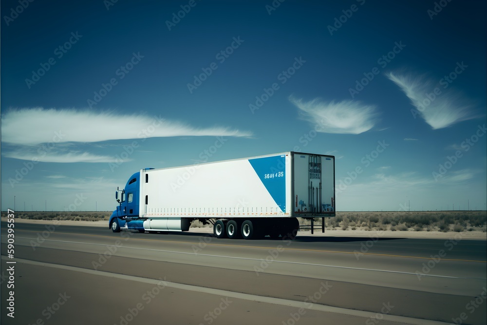 Semi truck container blue and white on the Tollway road with sky ...