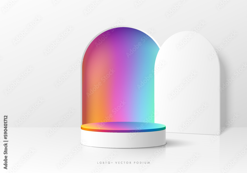 3D lgbtq background with realistic white cylinder podium. Pride flag ...