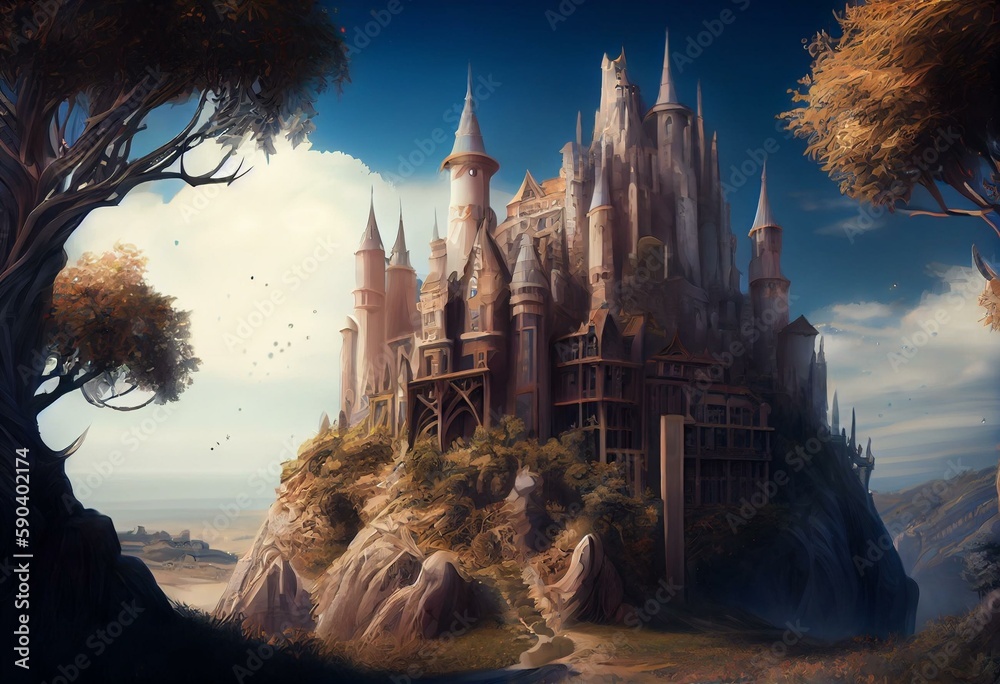 Fantasy Castle city anime art of magestic fortess in fairy land royal ...