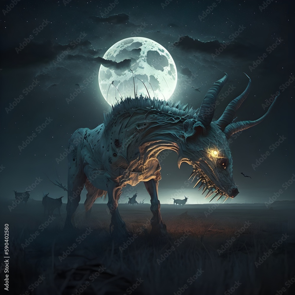 Mix random animals into one chimera in a hellish dead field with moon ...