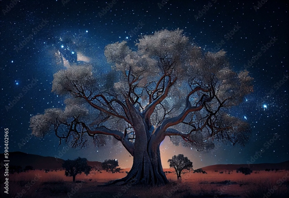 a tree with a sky full of stars and the night sky behind it is lit up ...