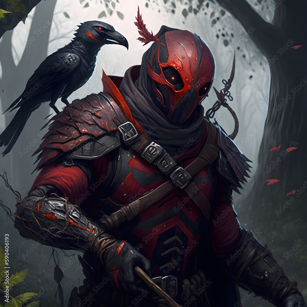 a ranger clad in red and black armor armed with a bow taming a ...
