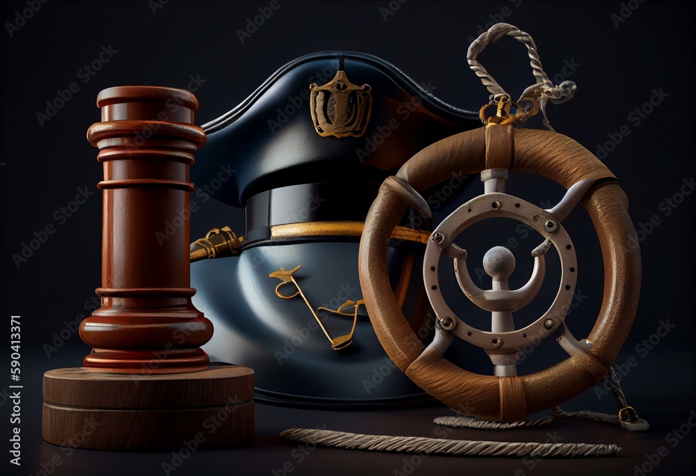 Maritime Law of the sea. Navy ship lifebuoy and judge gavel on black ...
