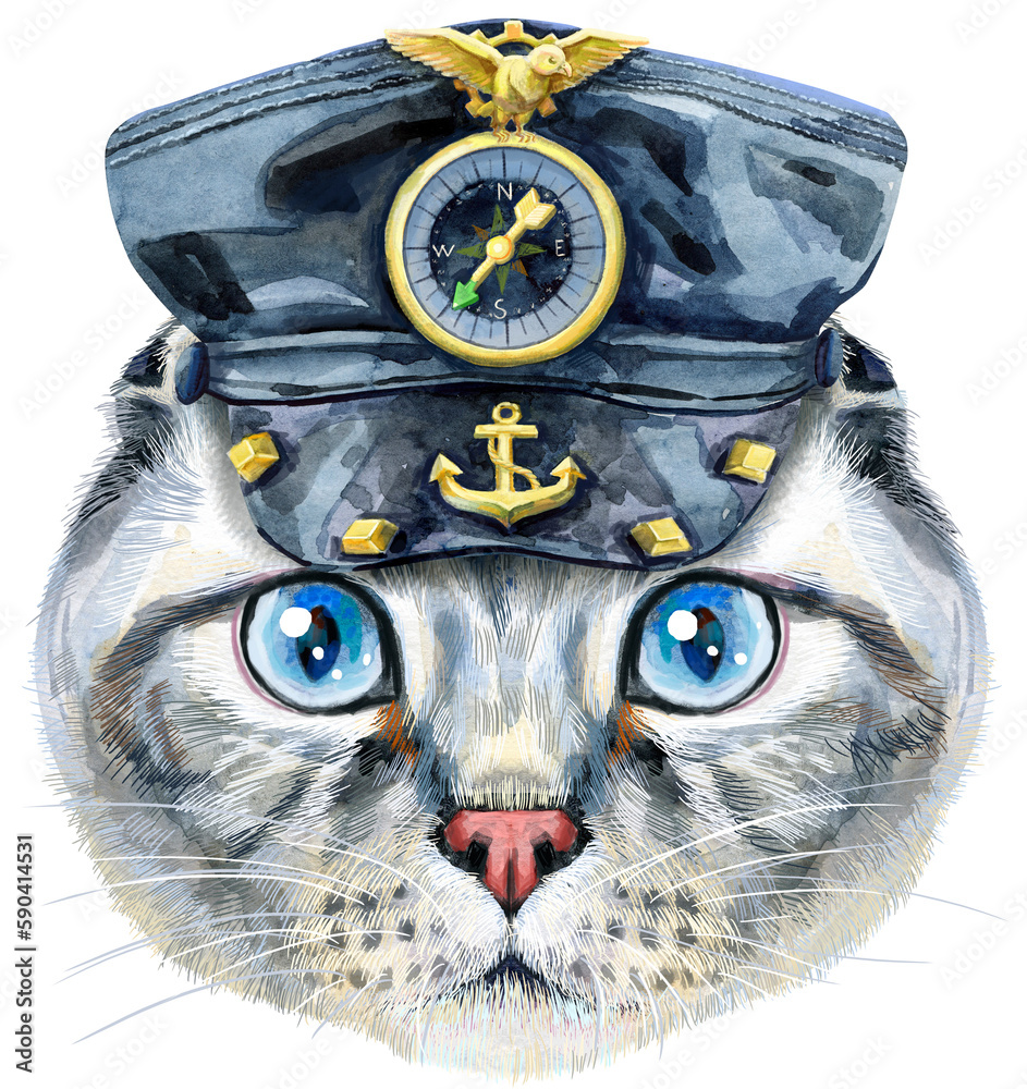 Cute cat in a captain's cap. Cat for t-shirt graphics. Watercolor ...