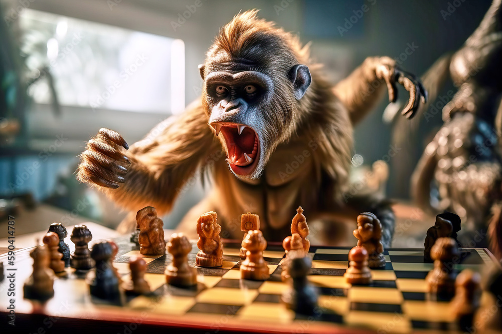 Roaring angry screaming monkey behind a chess board with chess pieces ...