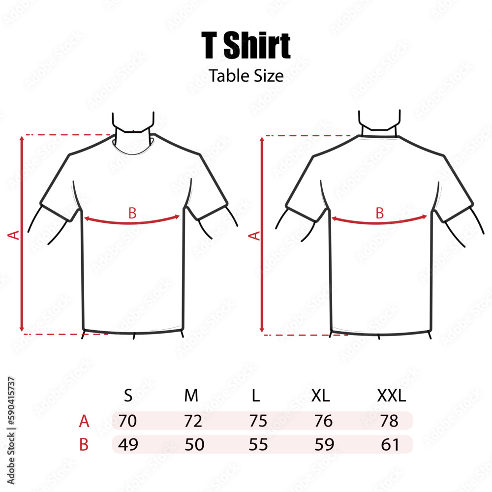 Outline vector illustration of unisex short sleeve t-shirts - sizing chart, for cloth template ...