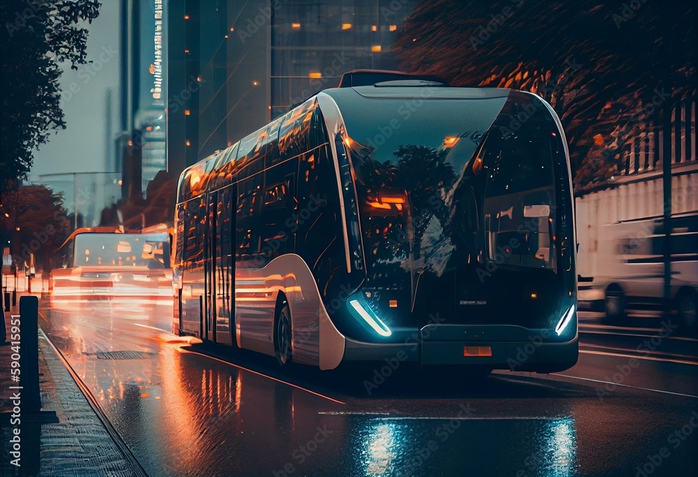 Self-driving shuttle bus. Autonomous driving. Futuristic car in modern ...