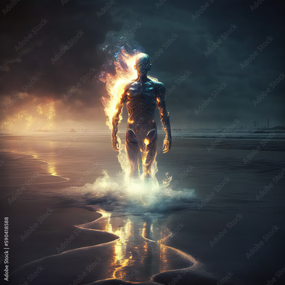 flame man walking on the cea created with Generative AI technology ...