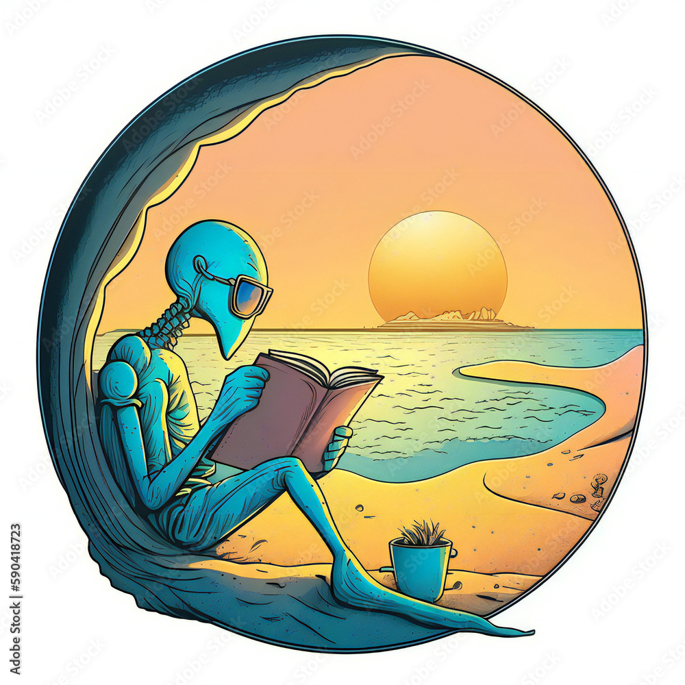 alien creature reading book on the beach illustration created with ...