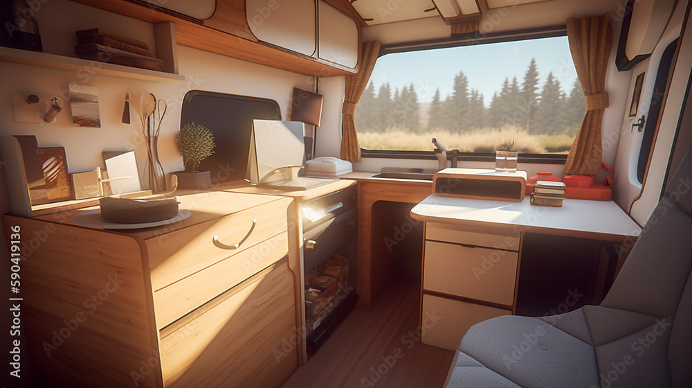 Interior illustration of a camper van. Basic furniture and basic needs ...