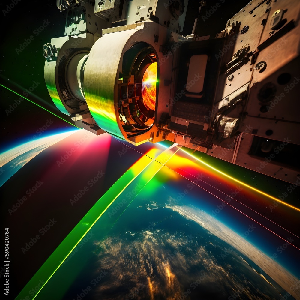 Ilustracja Stock: Planetary multicolor laser show from space station ...