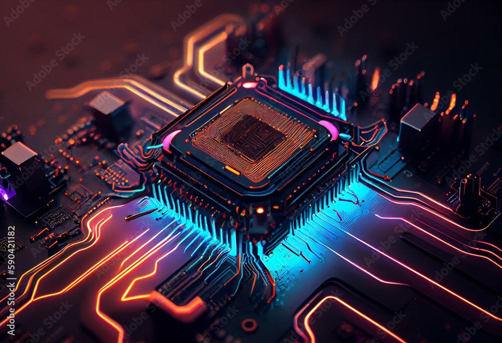 Abstract neon integrated microchip with digital chip processor, on ...
