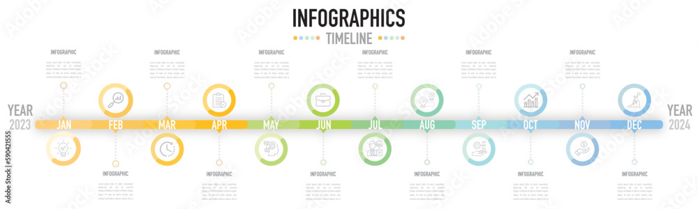Infographic 12 months timeline template as a vector with colorful ...