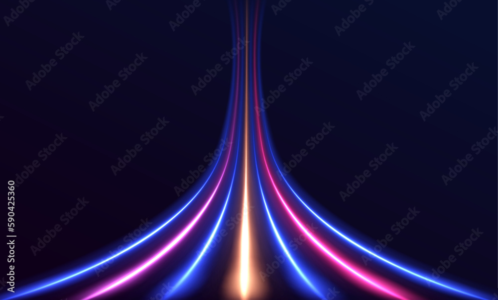 Laser beams, horizontal light rays. Particle motion effect. Light blue ...