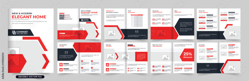 Real estate agency portfolio and profile layout vector with red and ...