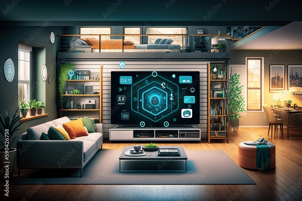 A modern smart home, filled with innovative devices, sensors, and ...