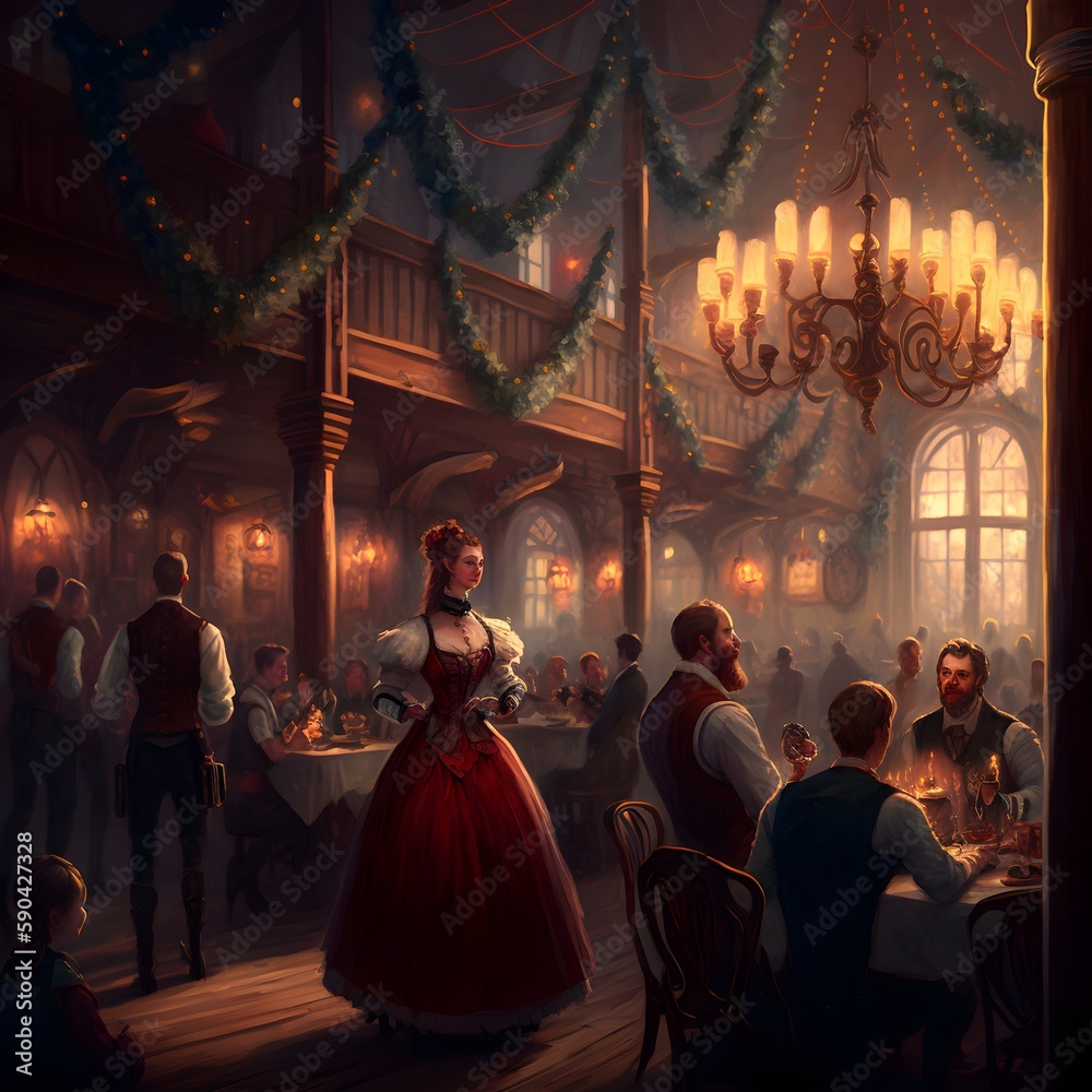 inside of a victorian era fancy tavern with a stage and people dancing ...