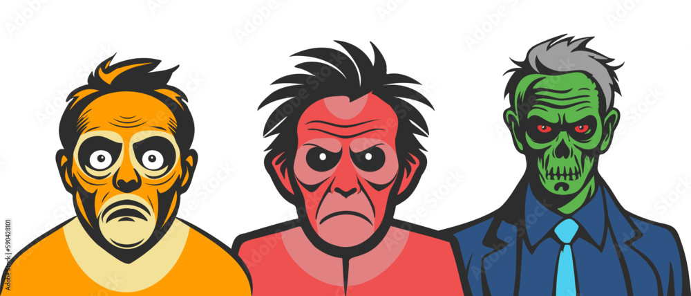 Vector set of cartoon scary colored dead men portraits. Stickers or ...