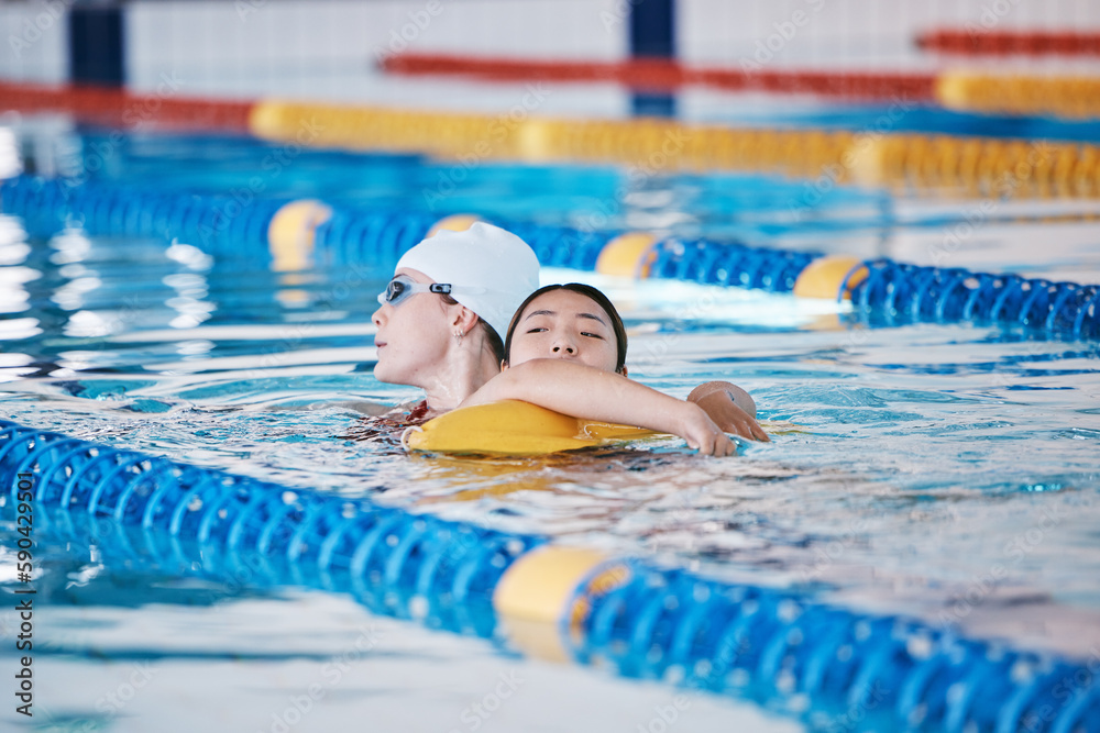 Swimming pool rescue, or woman with lifeguard for emergency, drowning ...