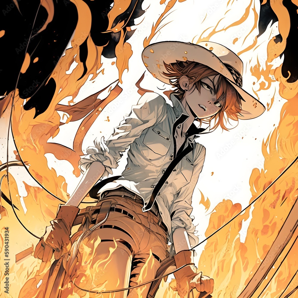 female girl prisoner cowboy trying to escape made of fire manga style ...