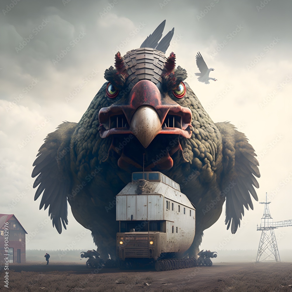 giant chicken bigger than a barn like Godzilla battling a helicopter ...