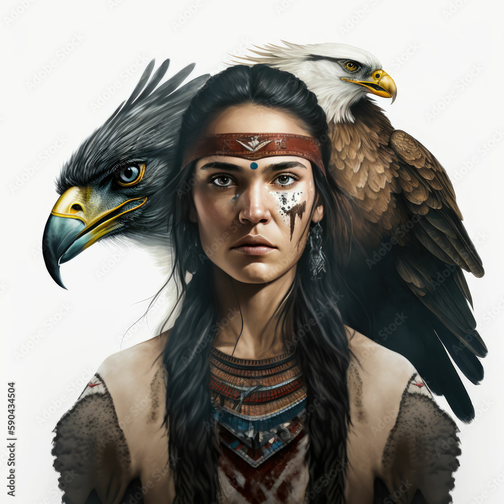 Portrait of young american indian apache girl with eagle, not a real ...