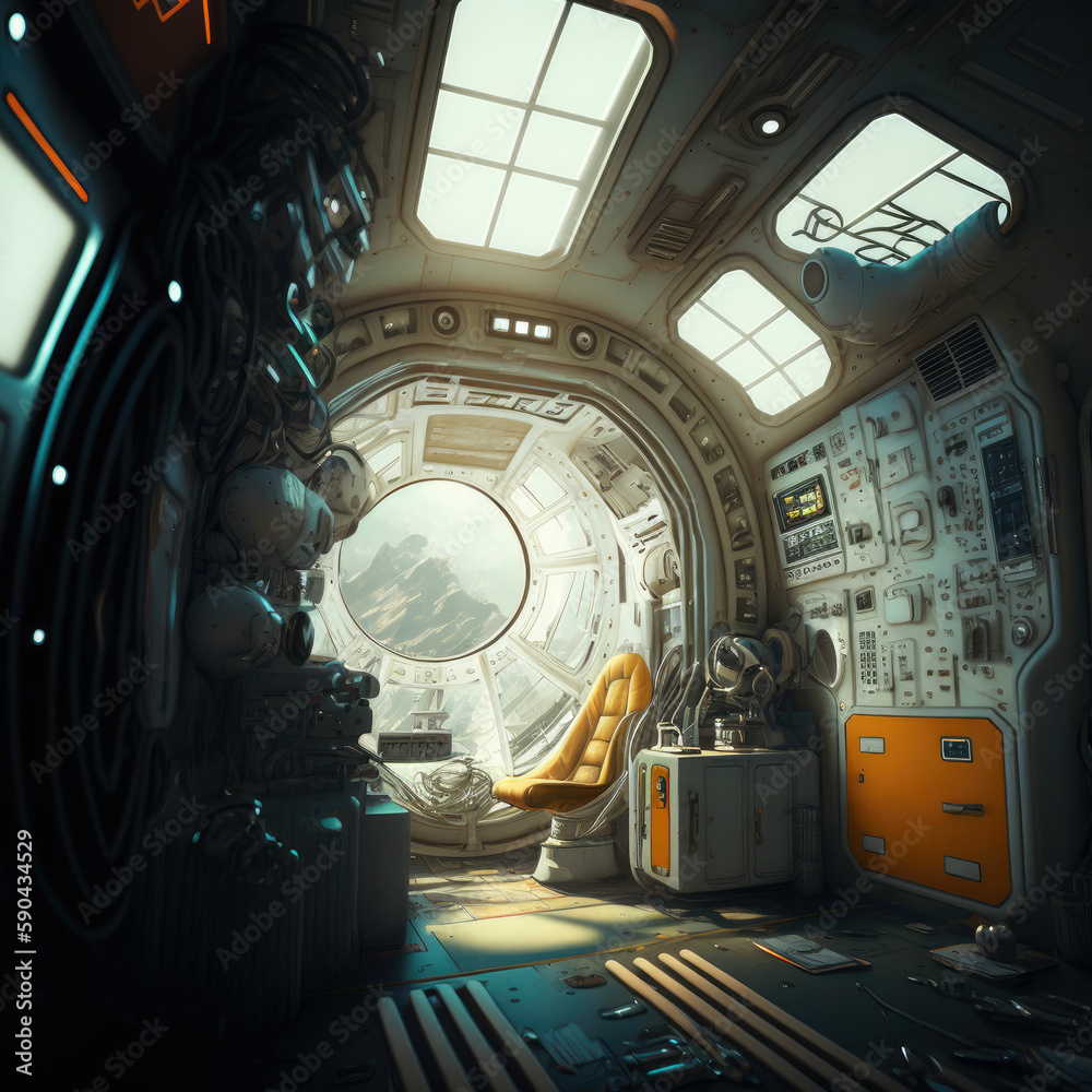 Futuristic spaceship cockpit interior. Future spacecraft control panels technology, space travel ...