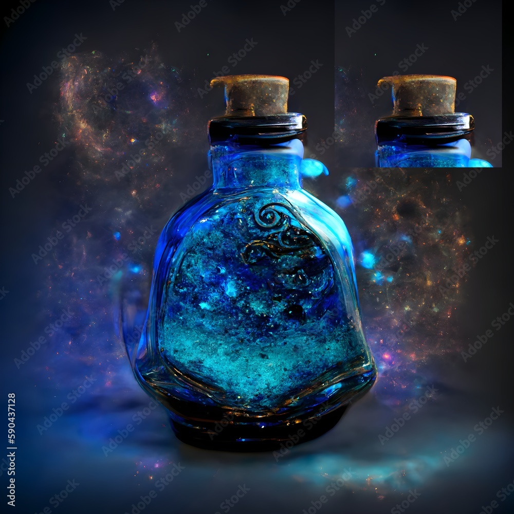 blue potion bottle cast a magical spell plain background solid color ...