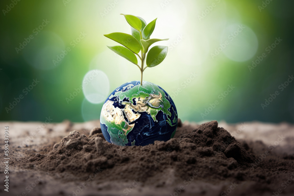 Planet earth in black soil on a nature background, copy space. Earth ...