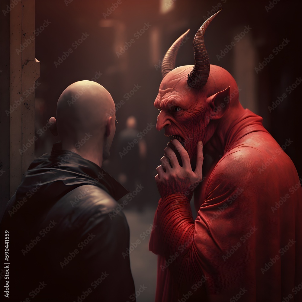 red devil standing behind a bald man whispering to his ear dark horror ...