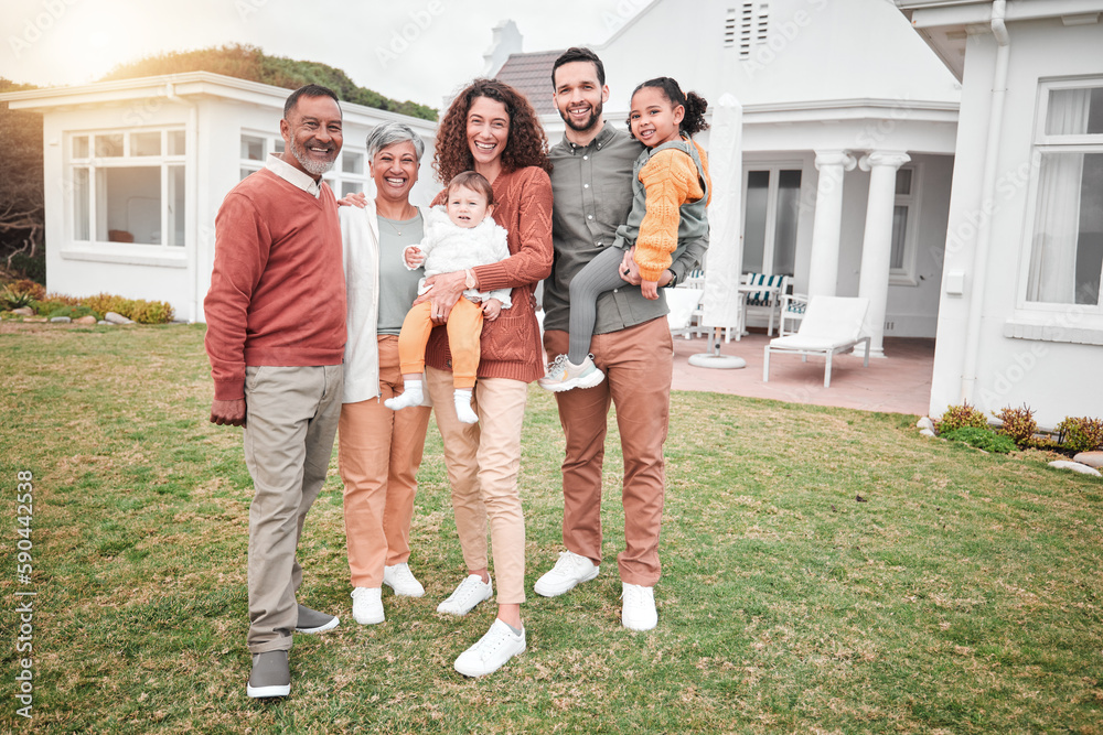 Family, generations and happiness in portrait outdoor, grandparents and ...