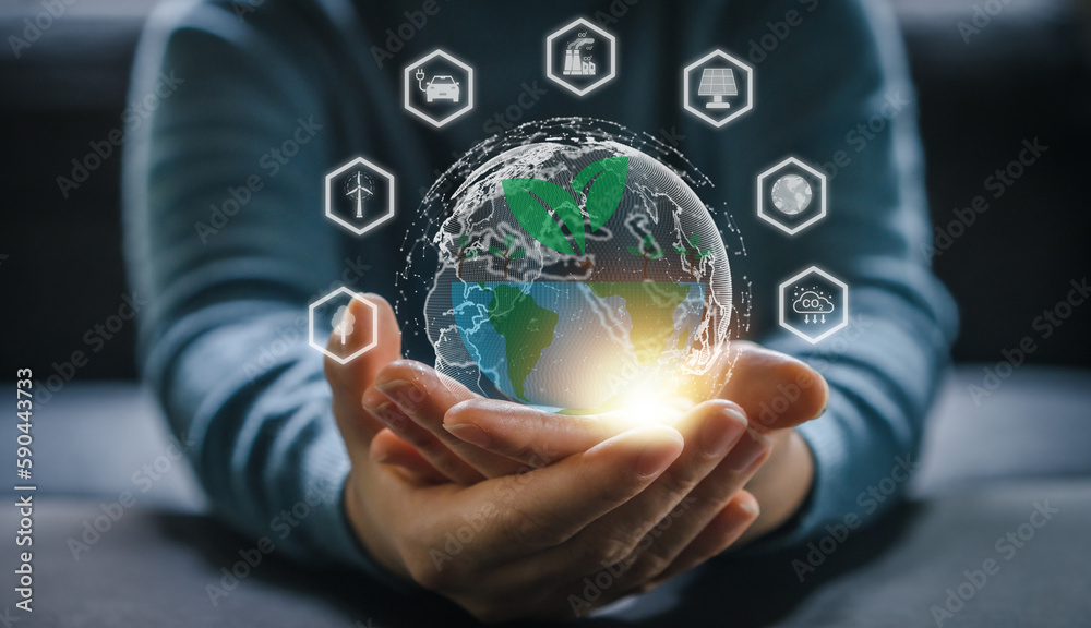 Hand holding global saving clean energy earth, save the world ...