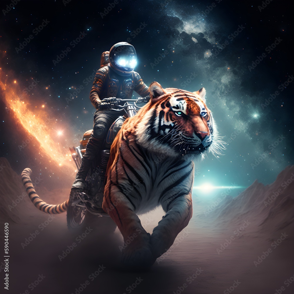 space biker riding a tiger Background is a starry sky Cinematic Rule of ...