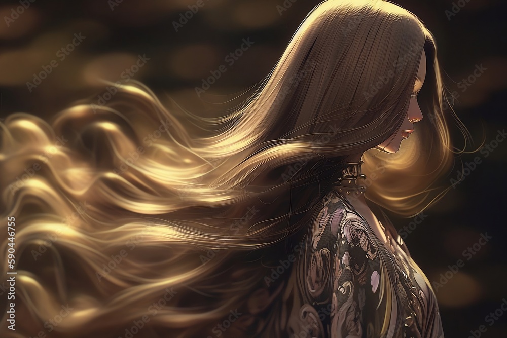 Beautiful female model, long hair, fantasy, side-view portrait ...