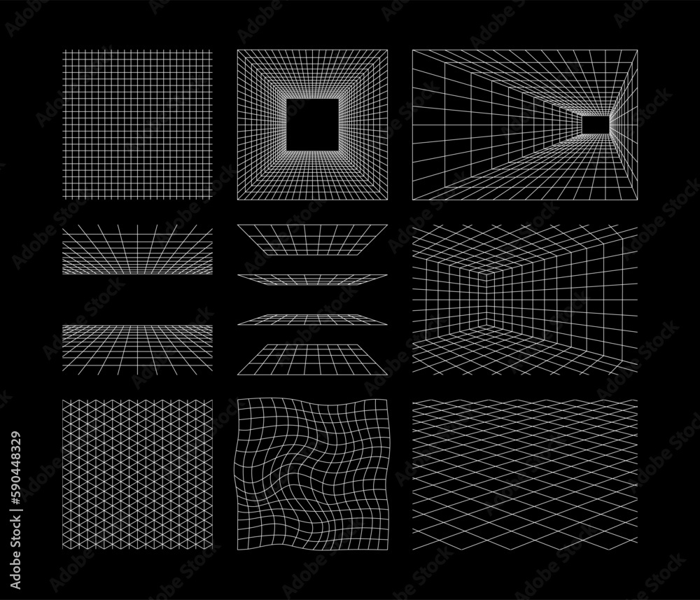 Perspective grids. Retro futuristic wireframes, cyberpunk net space ...