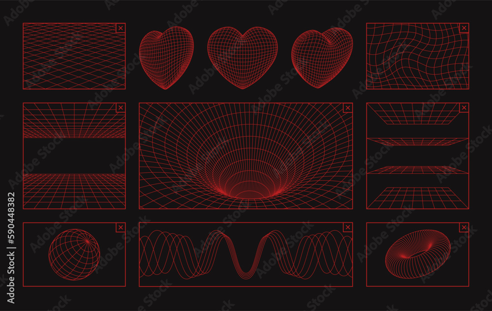 Grid 3d symbols. Future poster wireframe 90s elements. Neon geometric ...